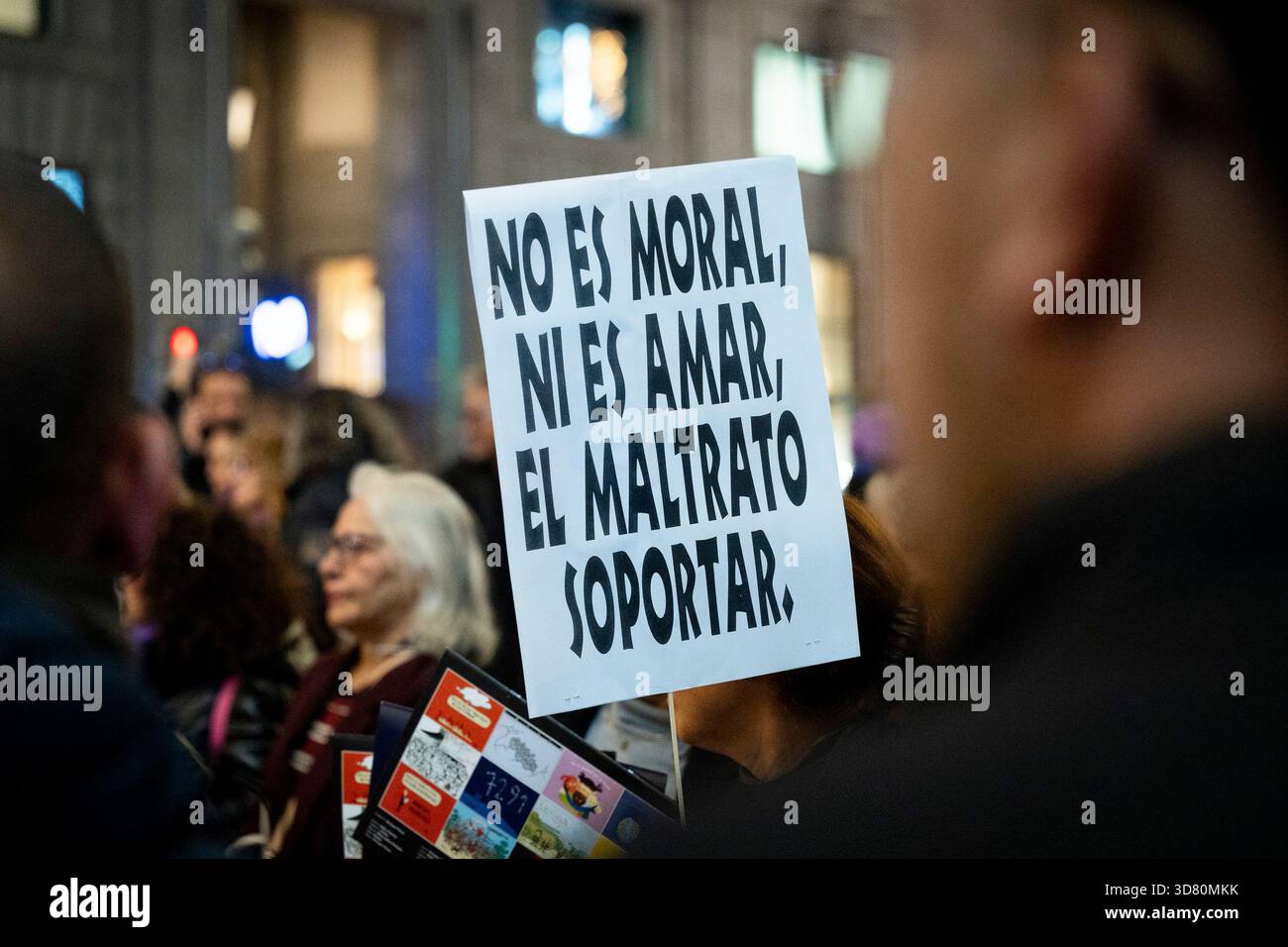A banner with the slogan 'Enduring abuse is neither moral nor love ...