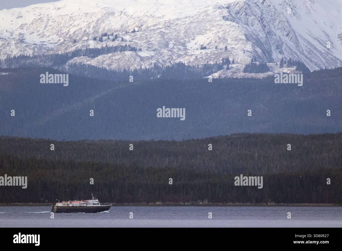 Alaska Marine Highway System mv Le Conte snow Chilkats with Mansfield Peninsula, Southeast ...