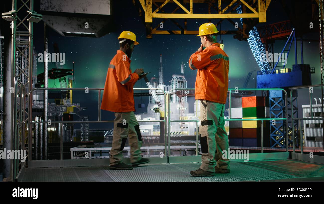 Offshore engineer coordinating via walkie talkie during oil production ...