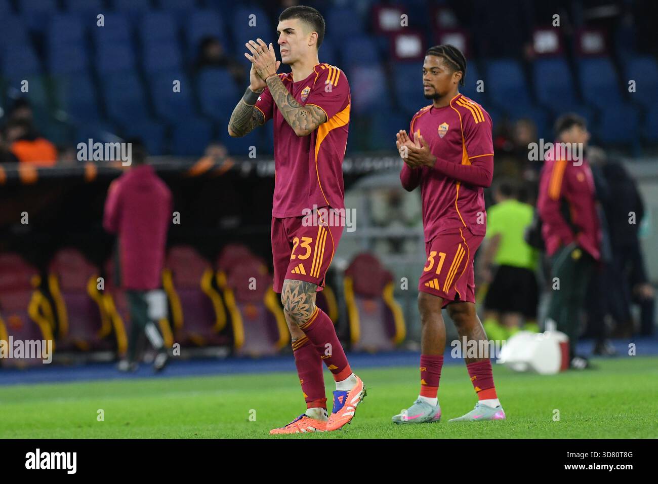 Gianluca Mancini of AS Roma,Leon Bailey of AS Roma celebrating the ...