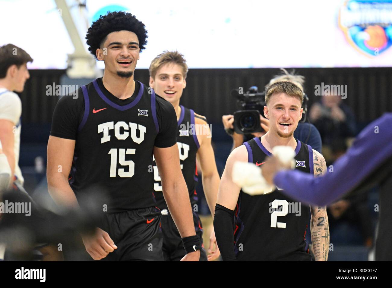 TCU forward David Punch (15) and guard Brock Harding (2) celebrate ...