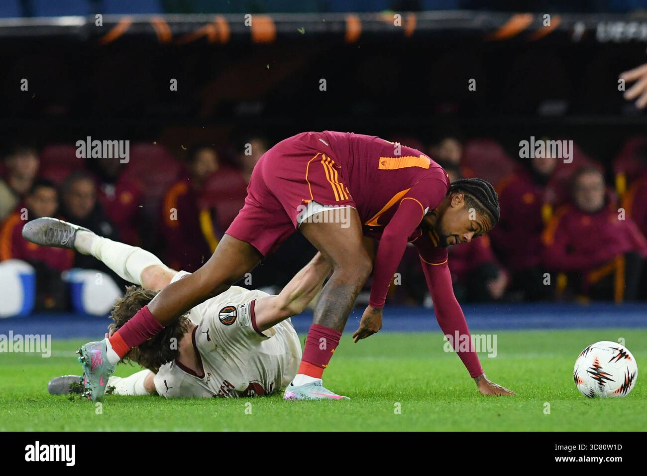 Leon Bailey of AS Roma,Mads Bech Sorensen of FC Midtjylland during the ...