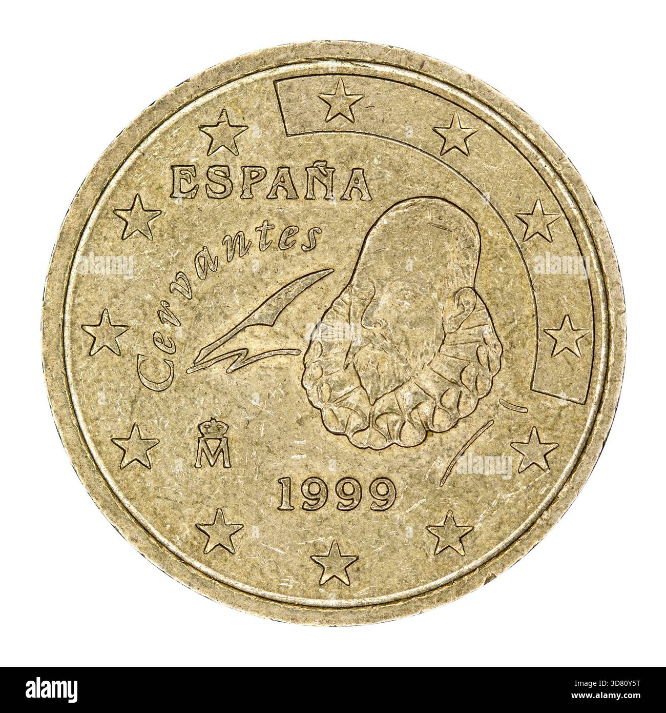 Spanish 50-cent coin featuring Miguel de Cervantes, Spain Stock Photo ...