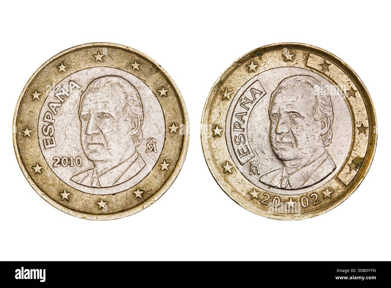 two Spanish 1-euro coins from different years featuring the portrait of ...