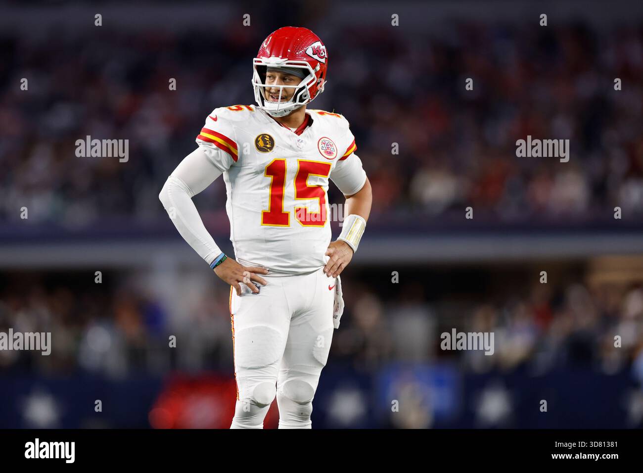 Kansas City Chiefs quarterback Patrick Mahomes (15) pauses during the ...