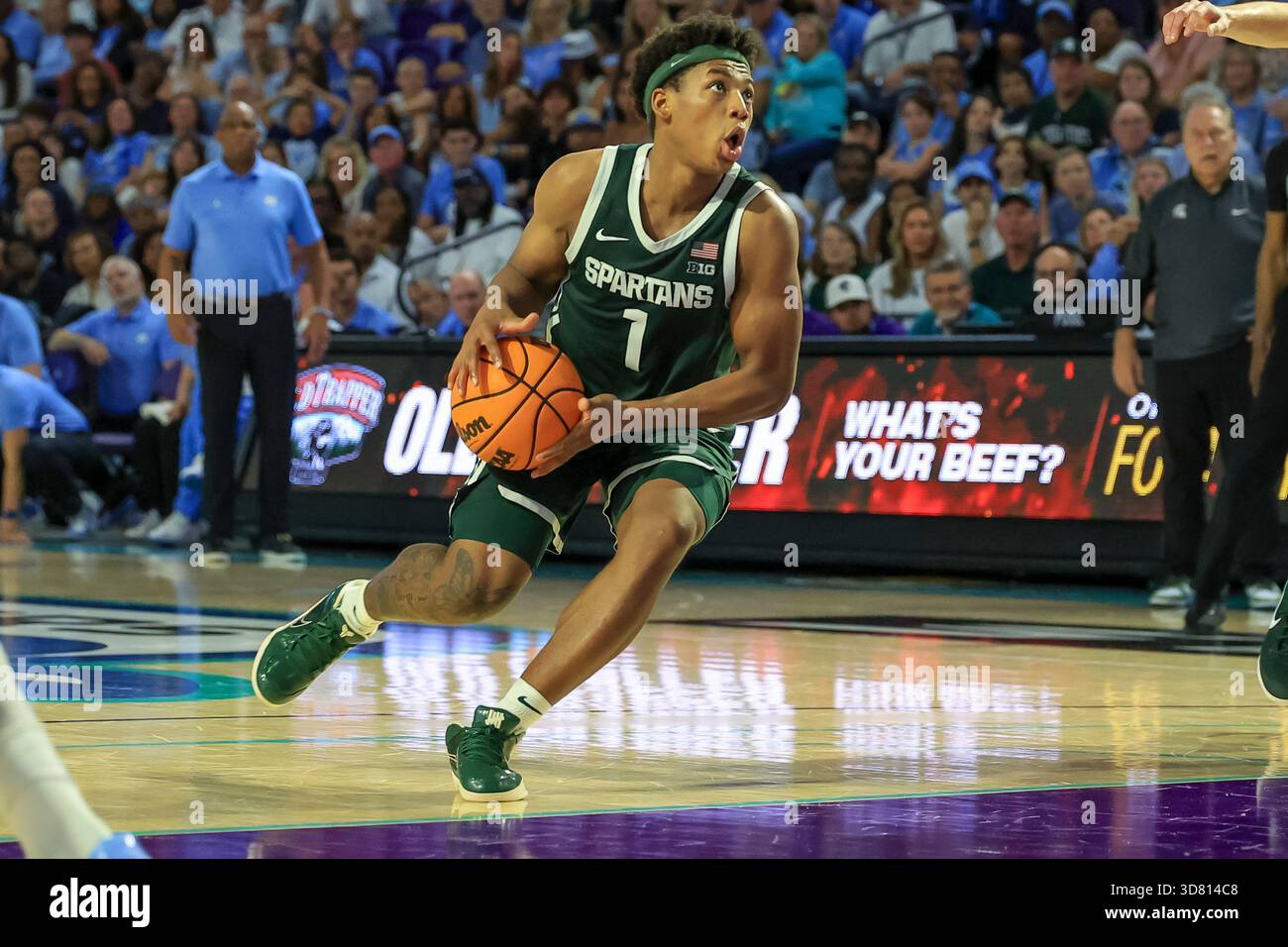Michigan State guard Jeremy Fears Jr. drives against North Carolina ...