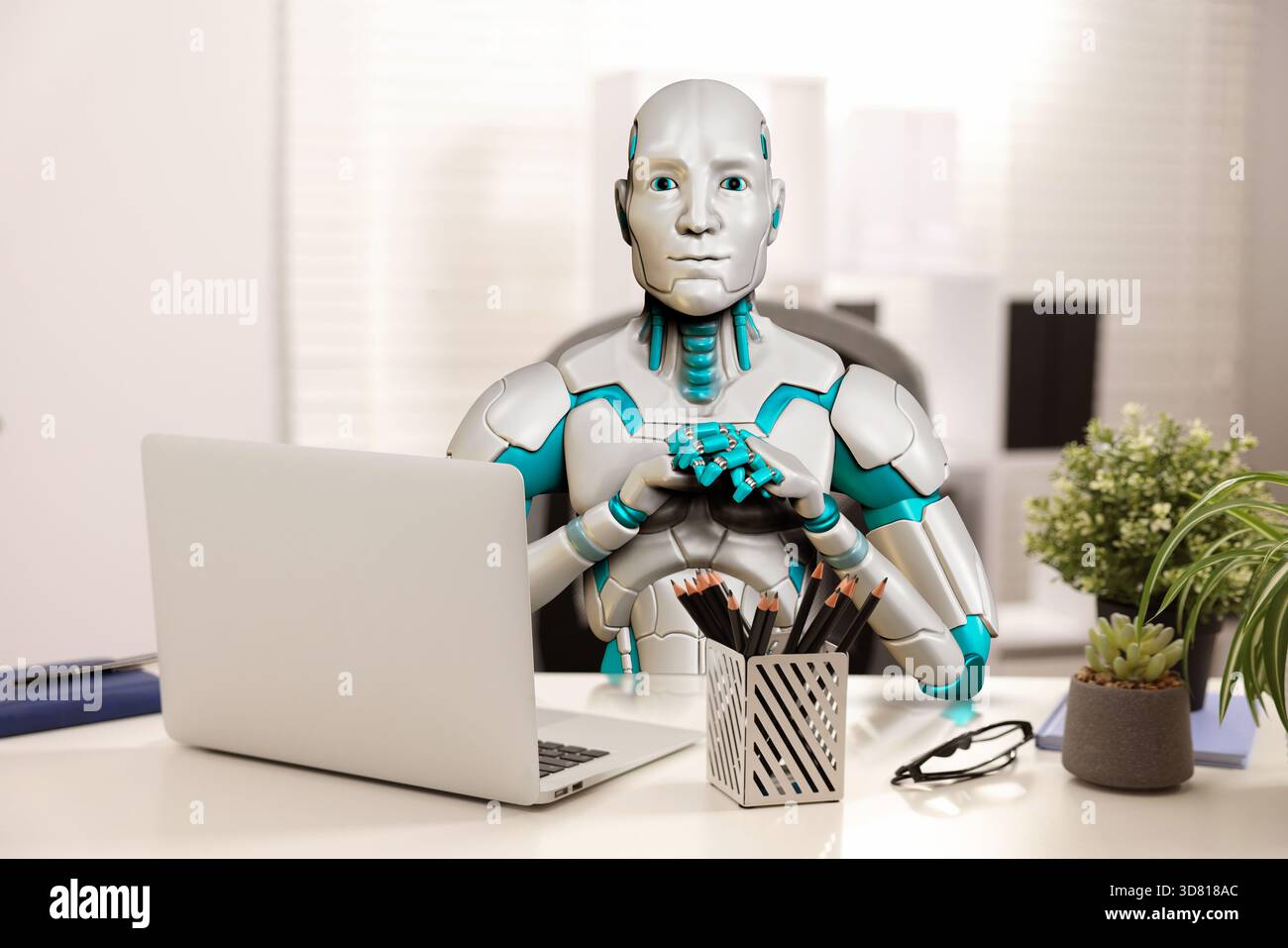 Replacing humans with artificial intelligence. Robot working at table in office. Futuristic ...