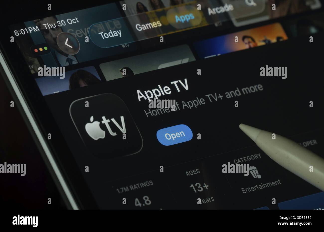 Dhaka, Bangladesh- 30 Oct 2025: Apple TV app displayed on a iPad screen in dark mode with a ...