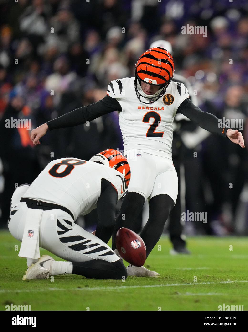 Cincinnati Bengals place kicker Evan McPherson (2) kicks field goal off ...