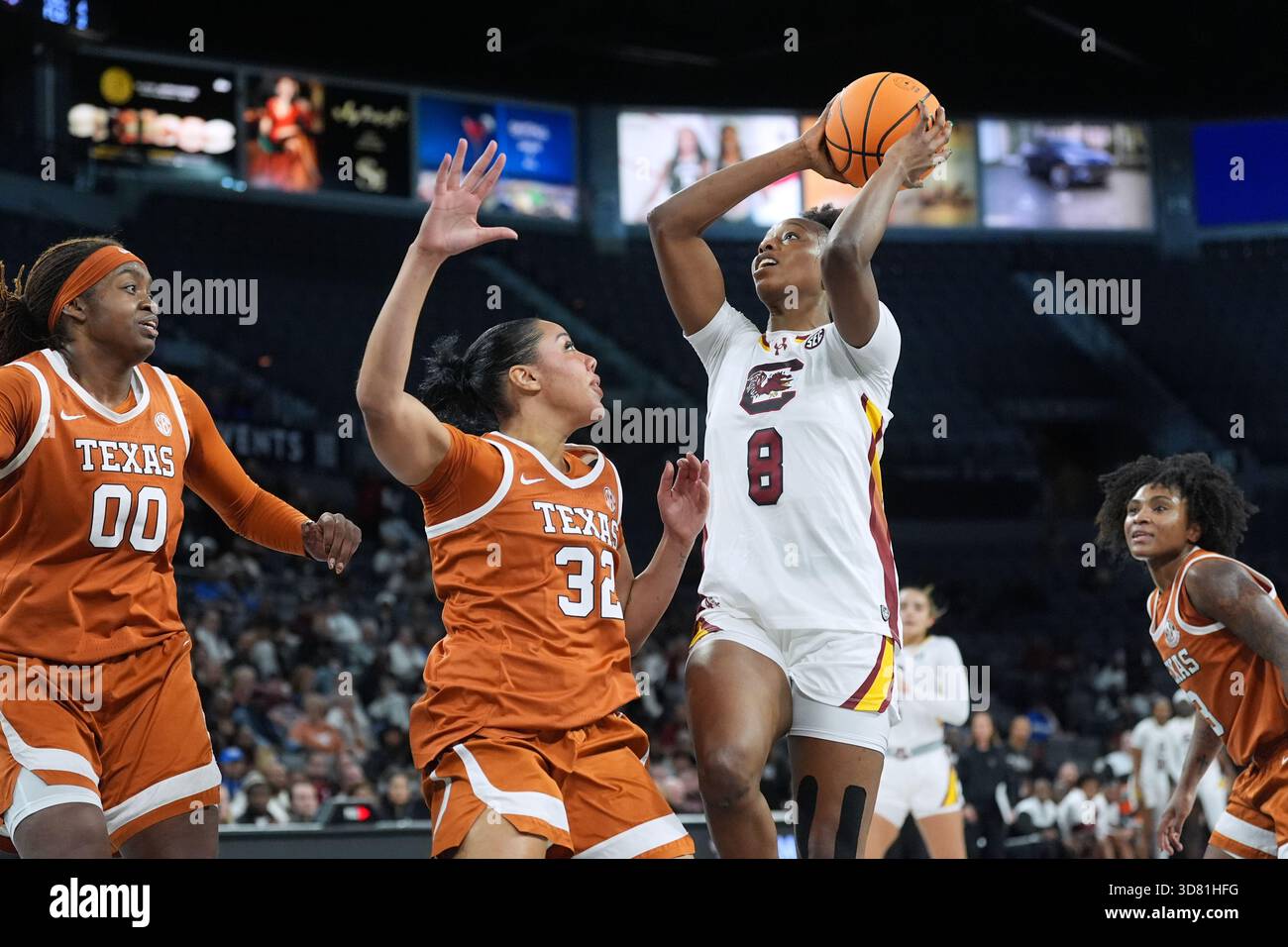 South Carolina forward Joyce Edwards (8) shoots over Texas forward Teya ...