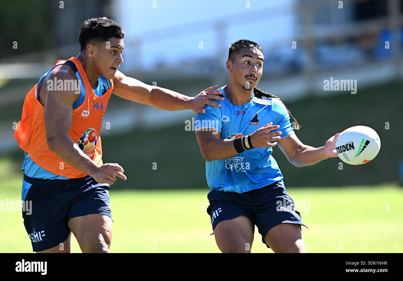 Jai Bilish (right) in action during a Gold Coast Titans NRL training ...