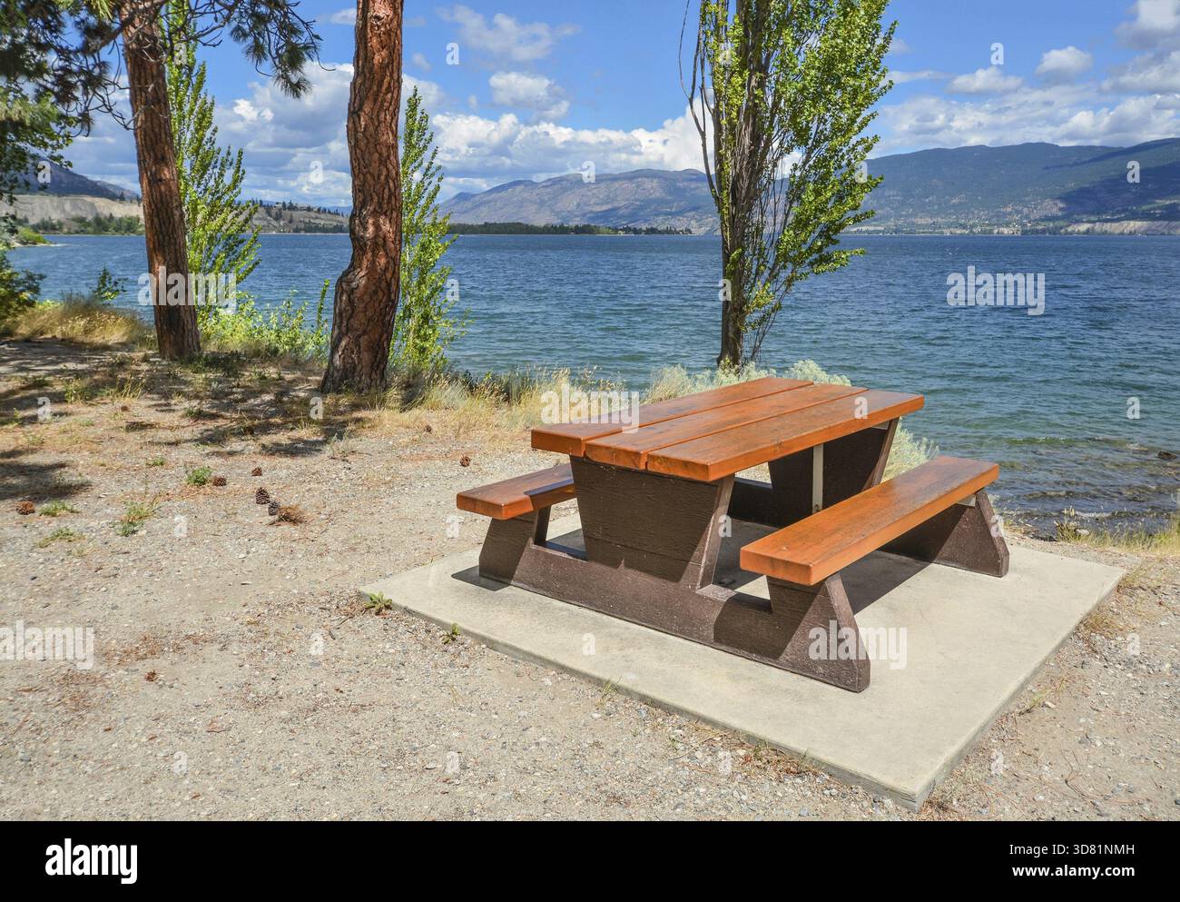 Picnic table on a shore of Okanagan lake Stock Photo - Alamy