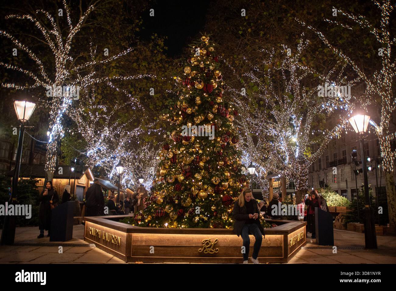 Ralph Lauren's Christmas tree on the Sloane Square in London. British ...