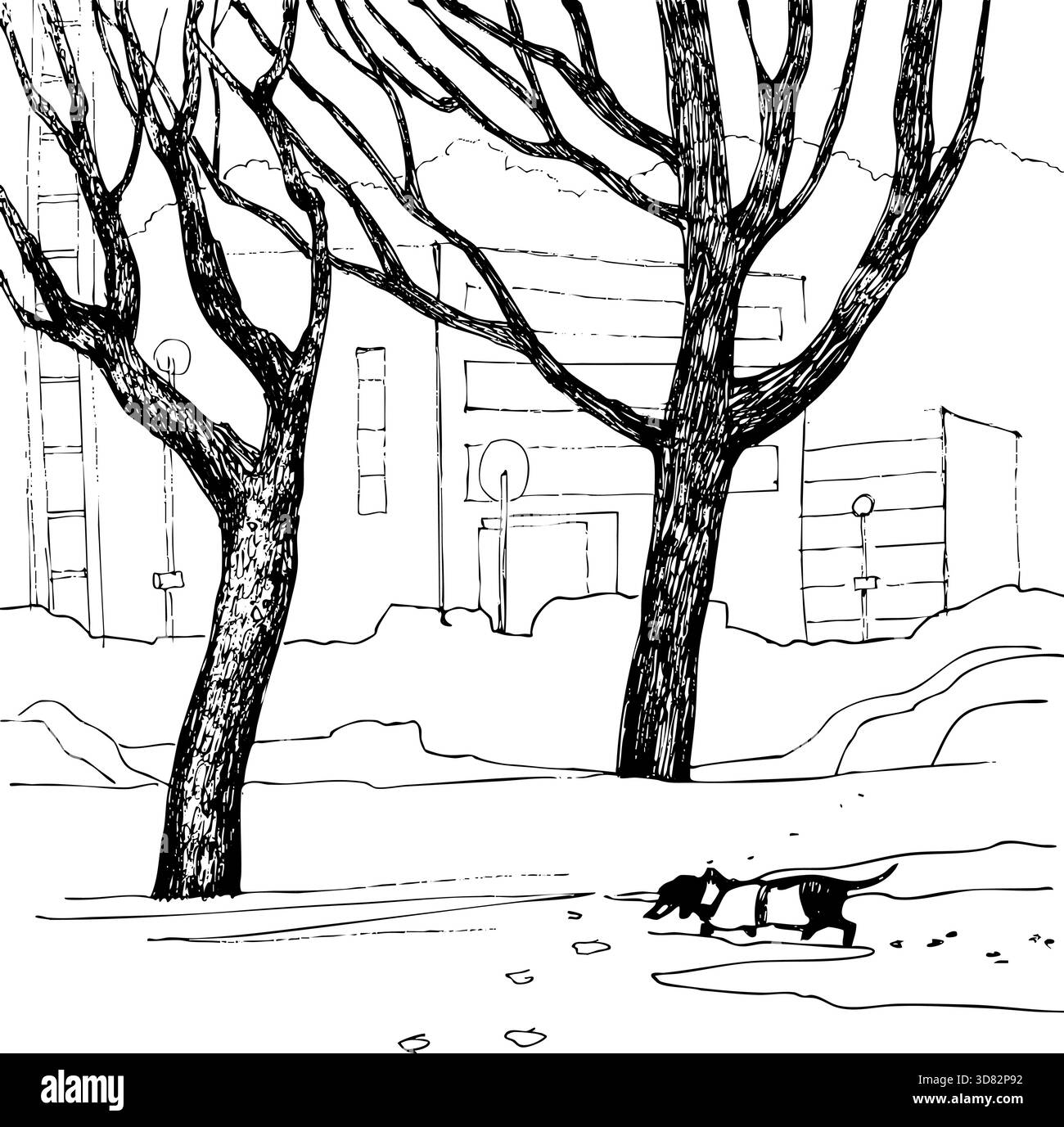 Hand-drawn vector sketch of a dachshund walking through the urban ...