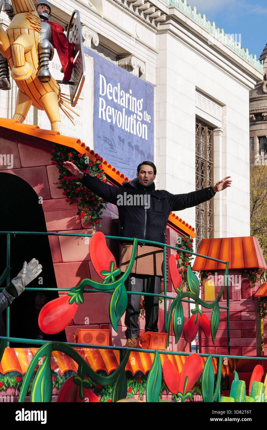 Singer Matteo Bocelli performs aboard the "Pasta Knights" giant float ...