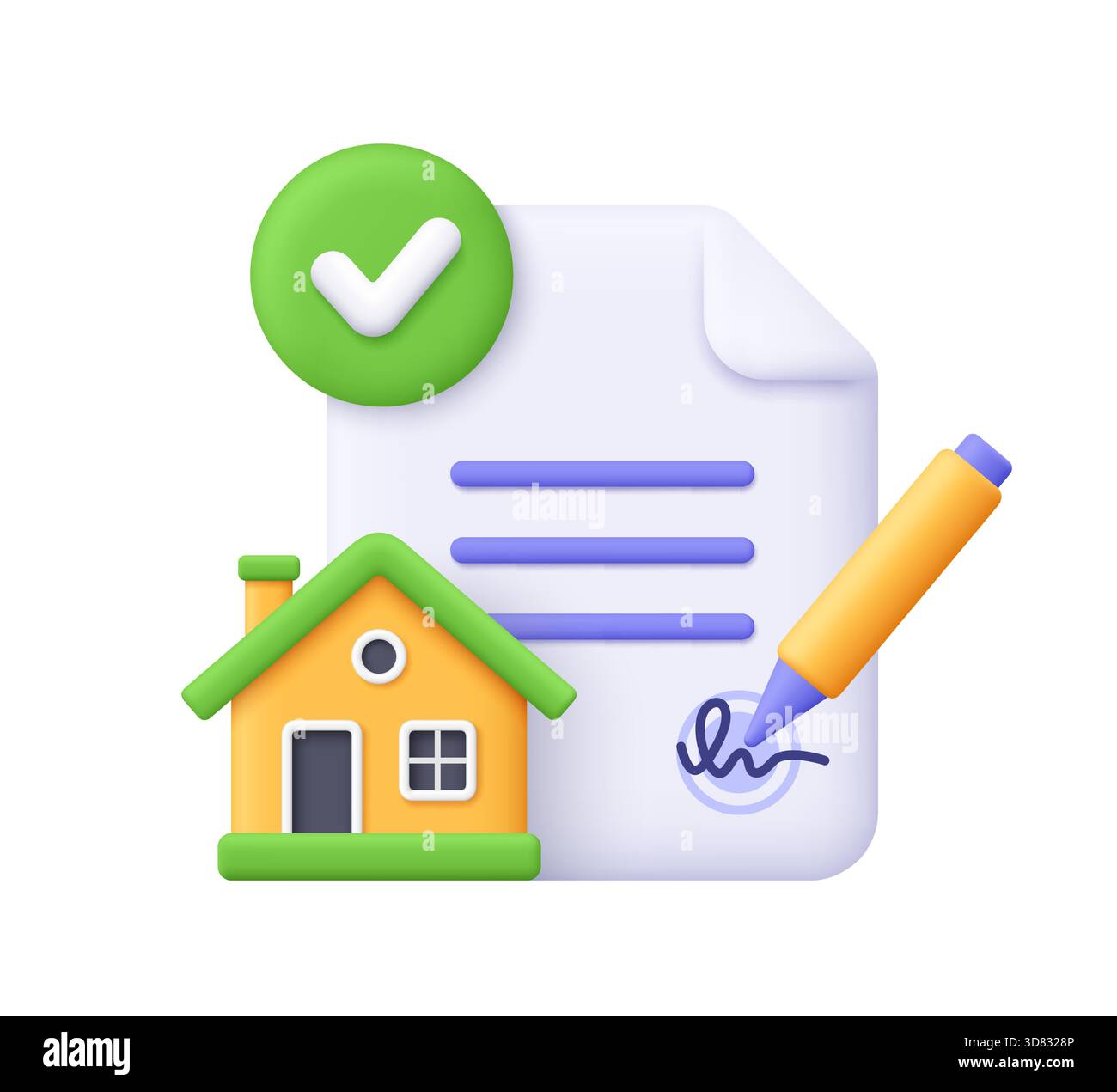 White document file with pen, signature, yellow house and green check ...