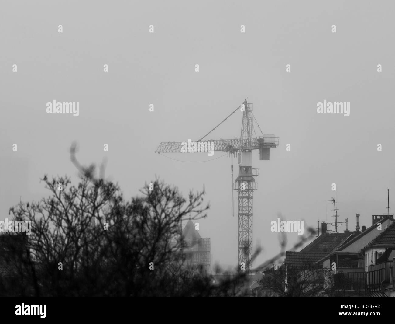 Crane in the foggy Sunset of Duesseldorf in Black and White Germany in ...