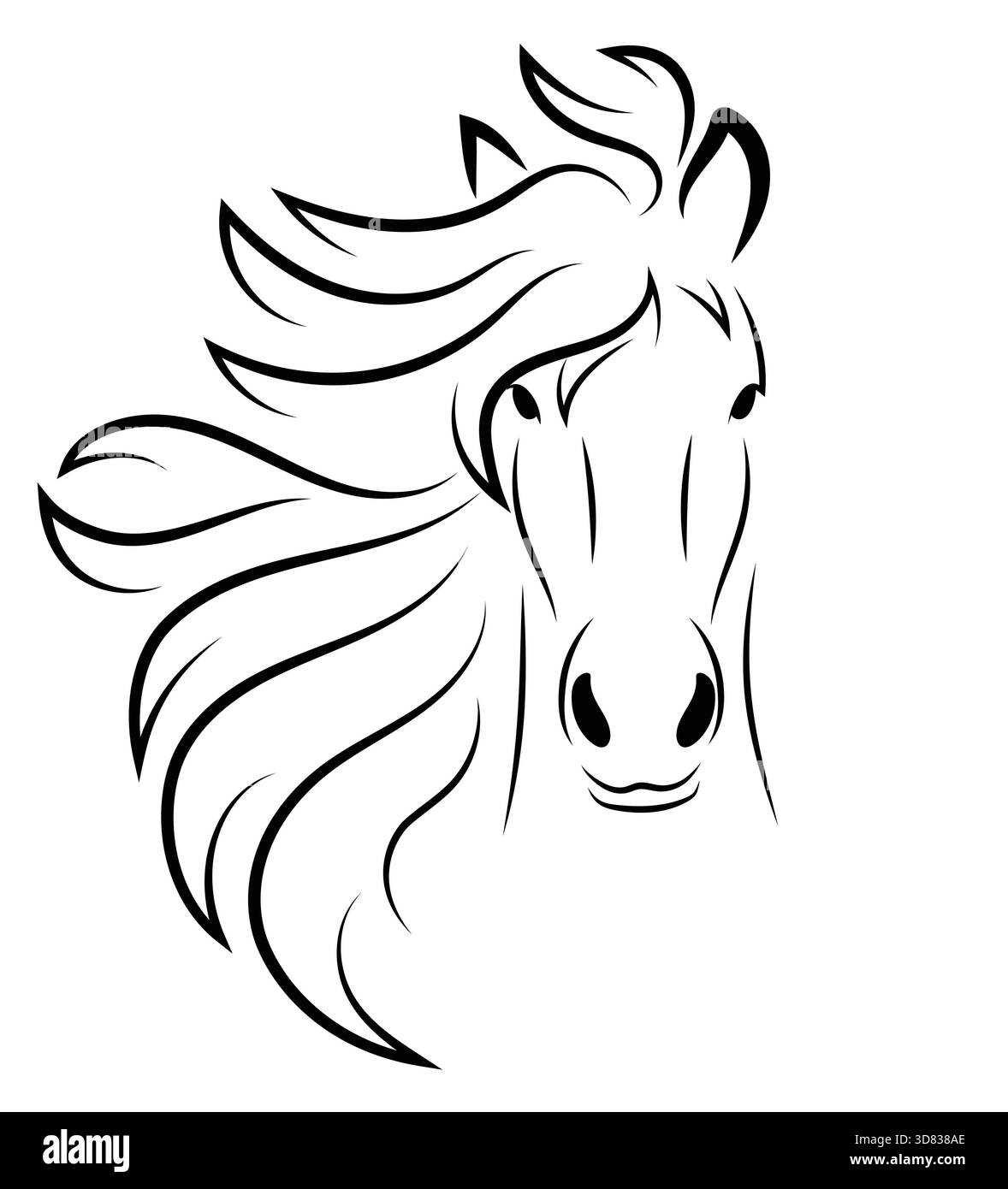 Black Horse Head Outline Drawing with Dynamic Waving Mane - Vector Line ...