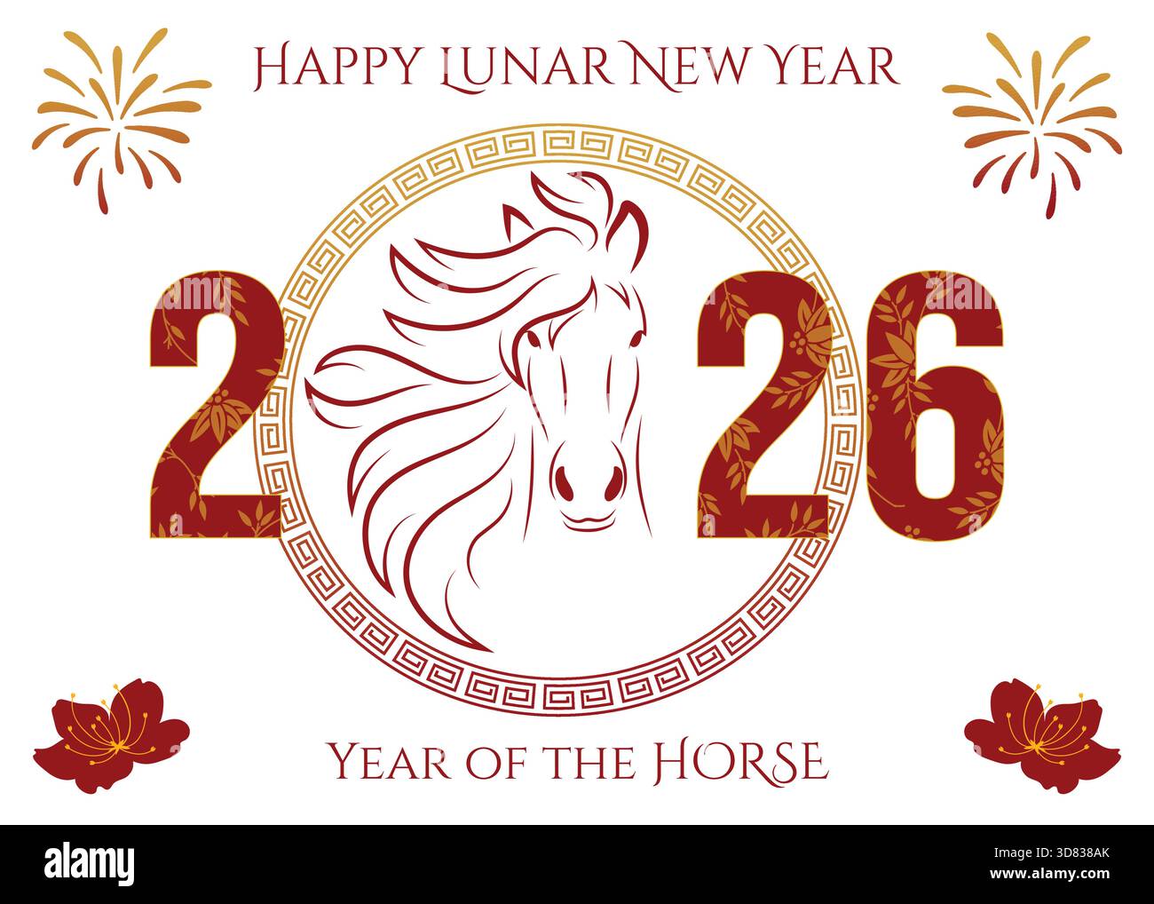 Lunar New Year 2026 Year of the Horse Greeting with Red and Gold Plum ...