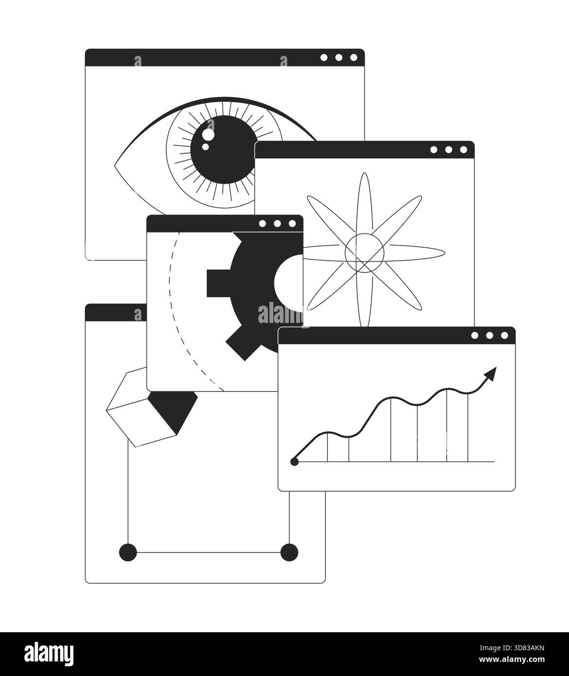 Data science in overlapping browser windows line illustration concept ...
