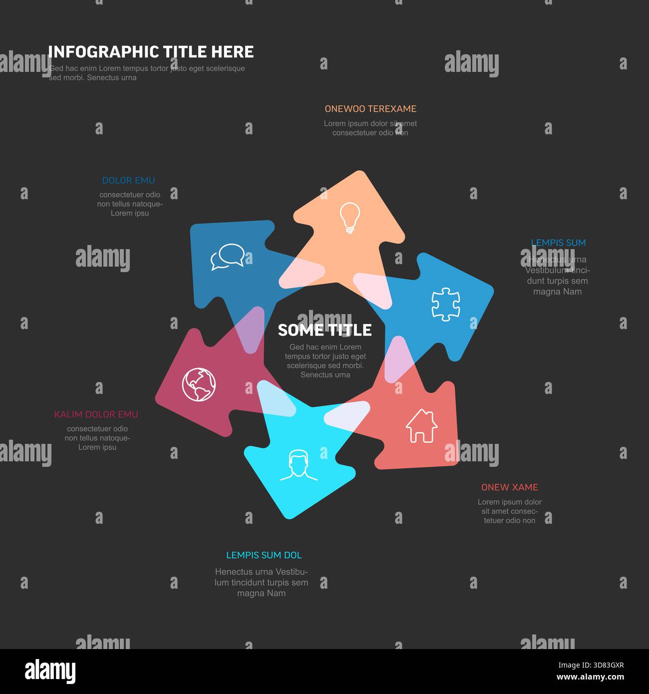 Circular puzzle arrow infographic template with six interconnected ...