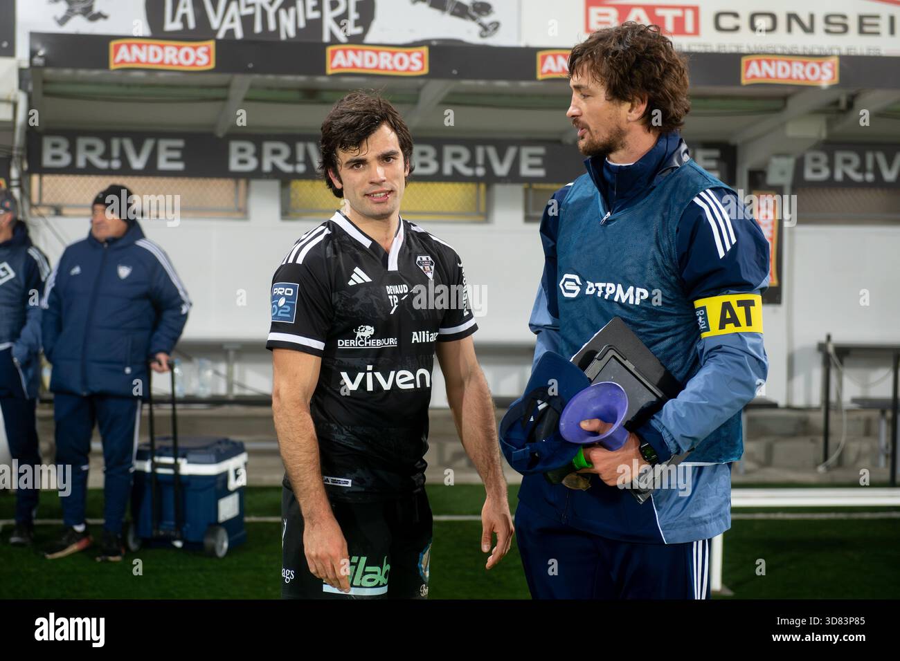 Mathis Galthie of Colomiers and Aurelien Beco of Brive during the Pro ...