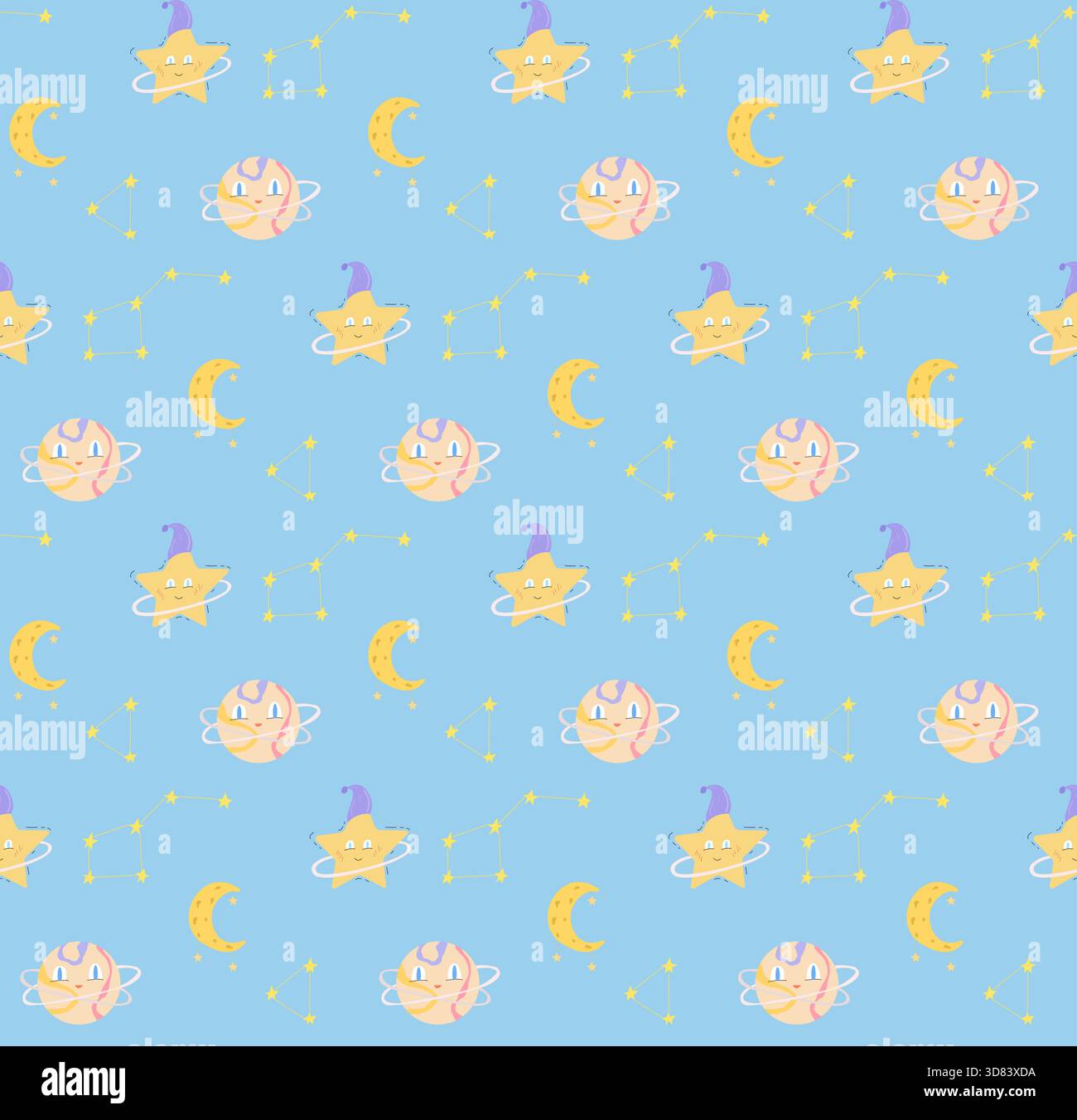 Cute seamless pattern with smiling stars in wizard hats, crescent moons ...