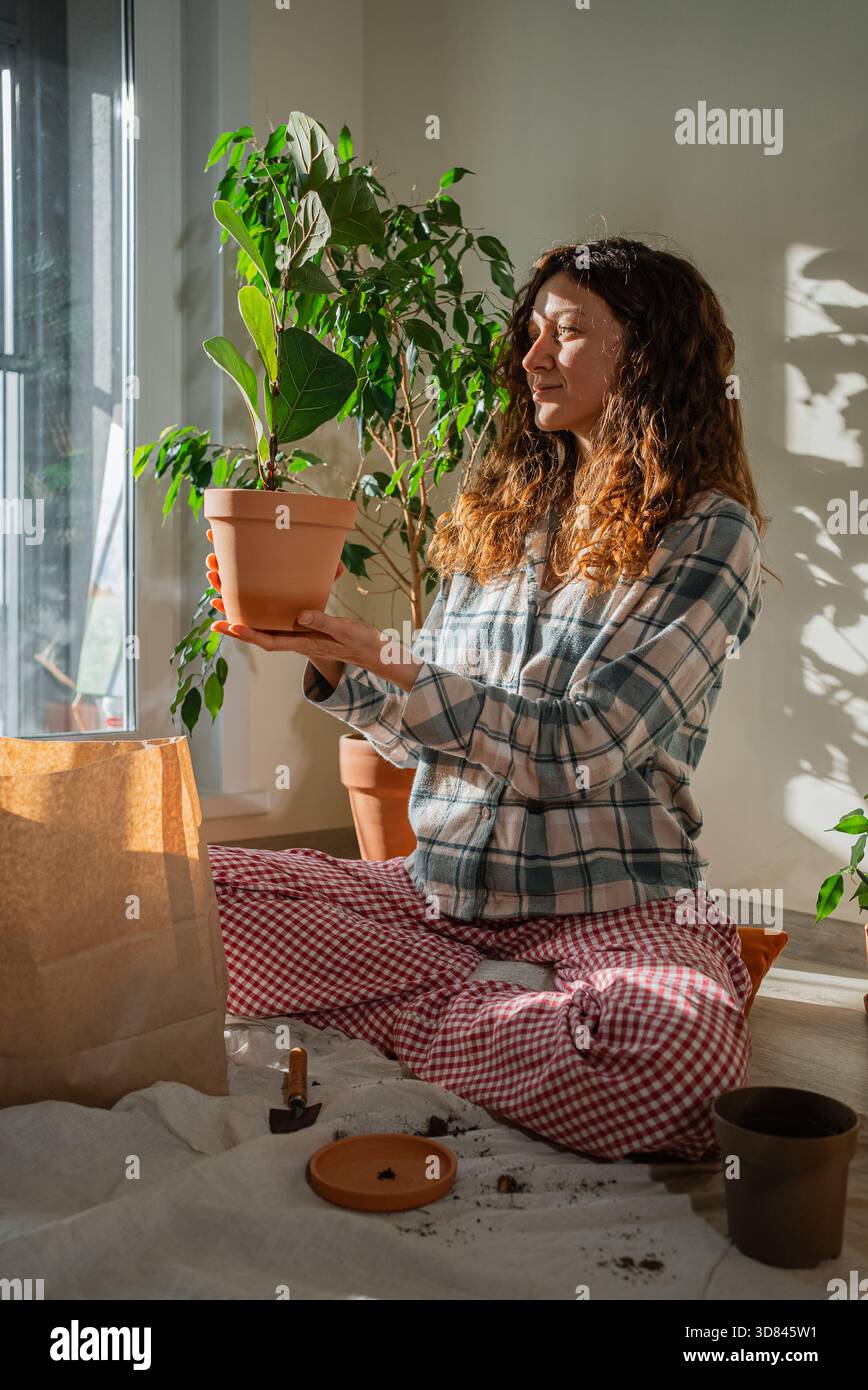 Woman caring houseplants repotting hi-res stock photography and images ...