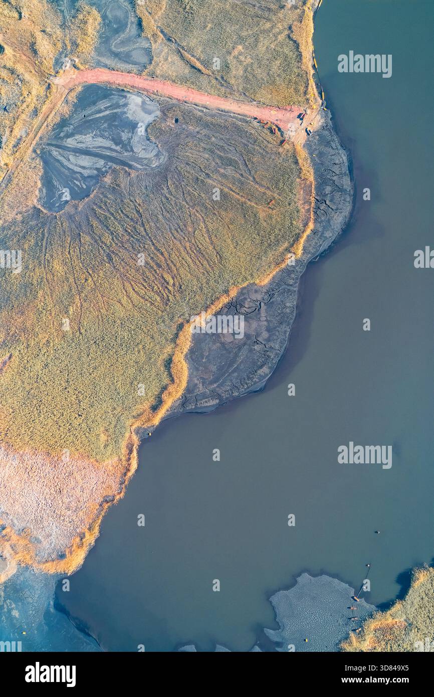 Dramatic aerial abstract showcasing a curved pollution boundary. Dark ...