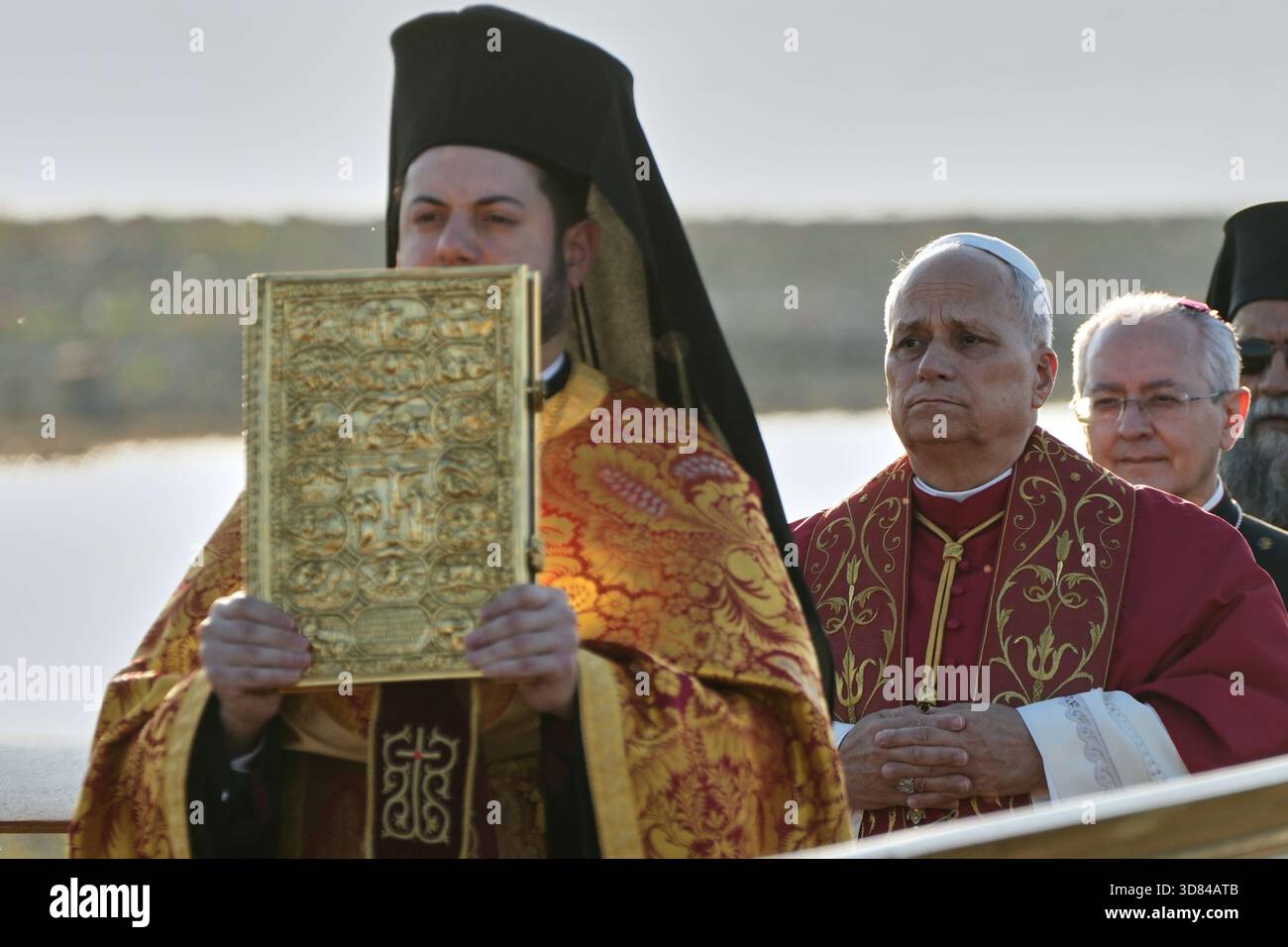 Pope Leo XIV leads an Ecumenical prayer service near the archaeological ...