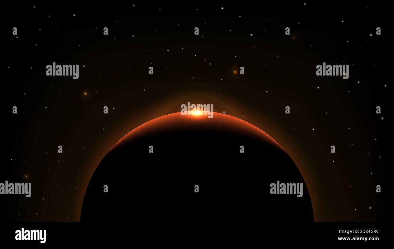 A bright orange sunrise emerging over a dark planetary horizon with ...