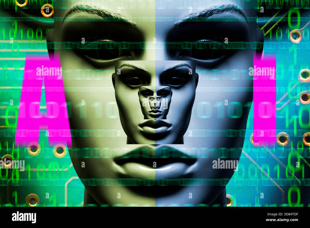 FOTOMONTAGE, Frauenfigur mit Binärcode und Schriftzug AI, Symbolfoto ...