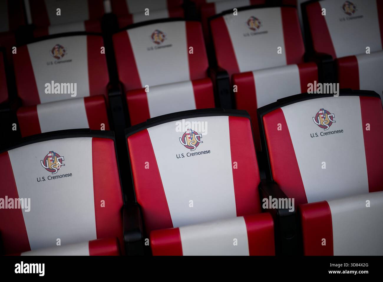 The logo of US Cremonese is seen on the seats prior to the Serie A ...