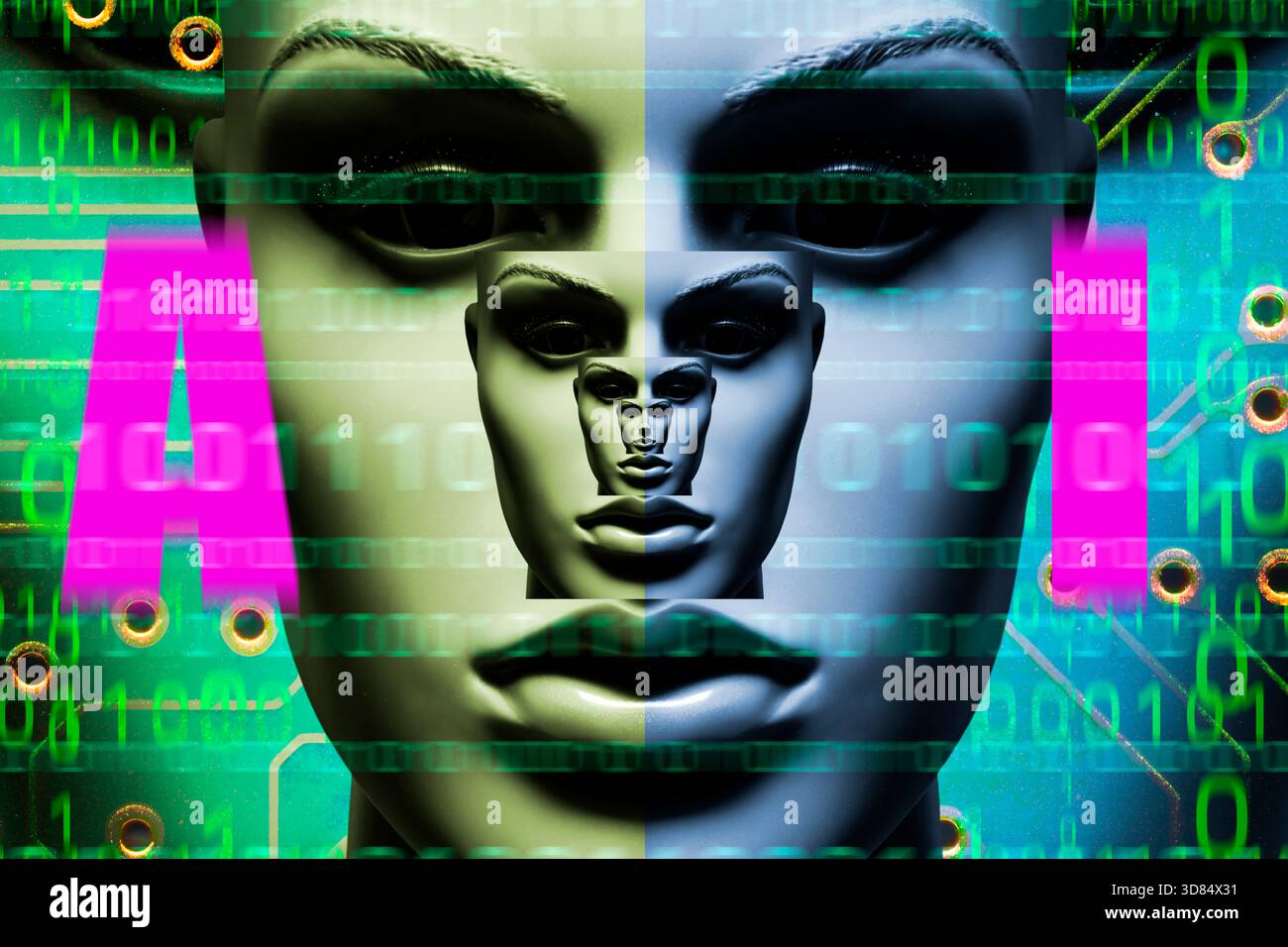 Female figure with binary code and AI lettering, artificial ...