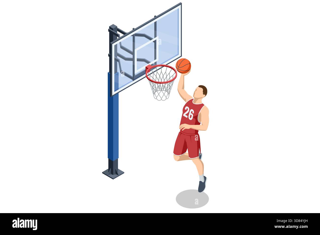 Isometric illustration of a basketball player in a red uniform jumping ...