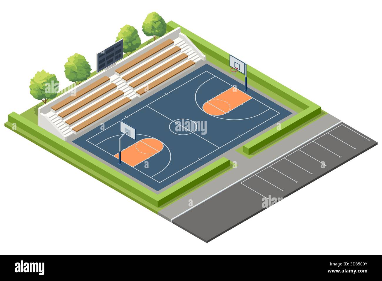 Basketball court. Isometric outdoor basketball court with bleachers ...