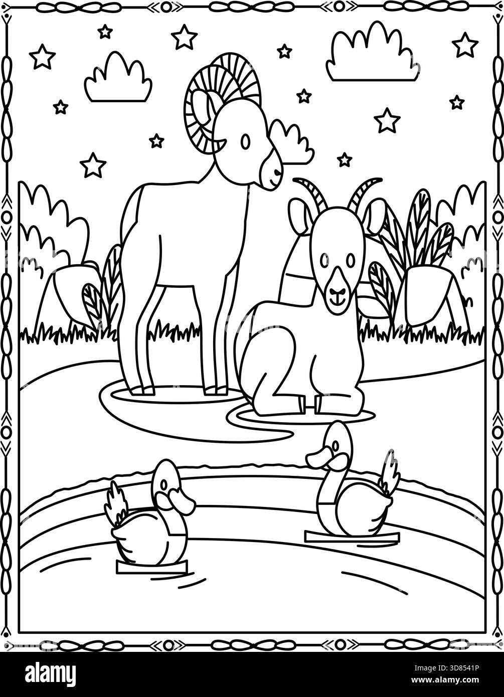 Nature Beauty with Animals Coloring Page For Kids And Adults Stock ...