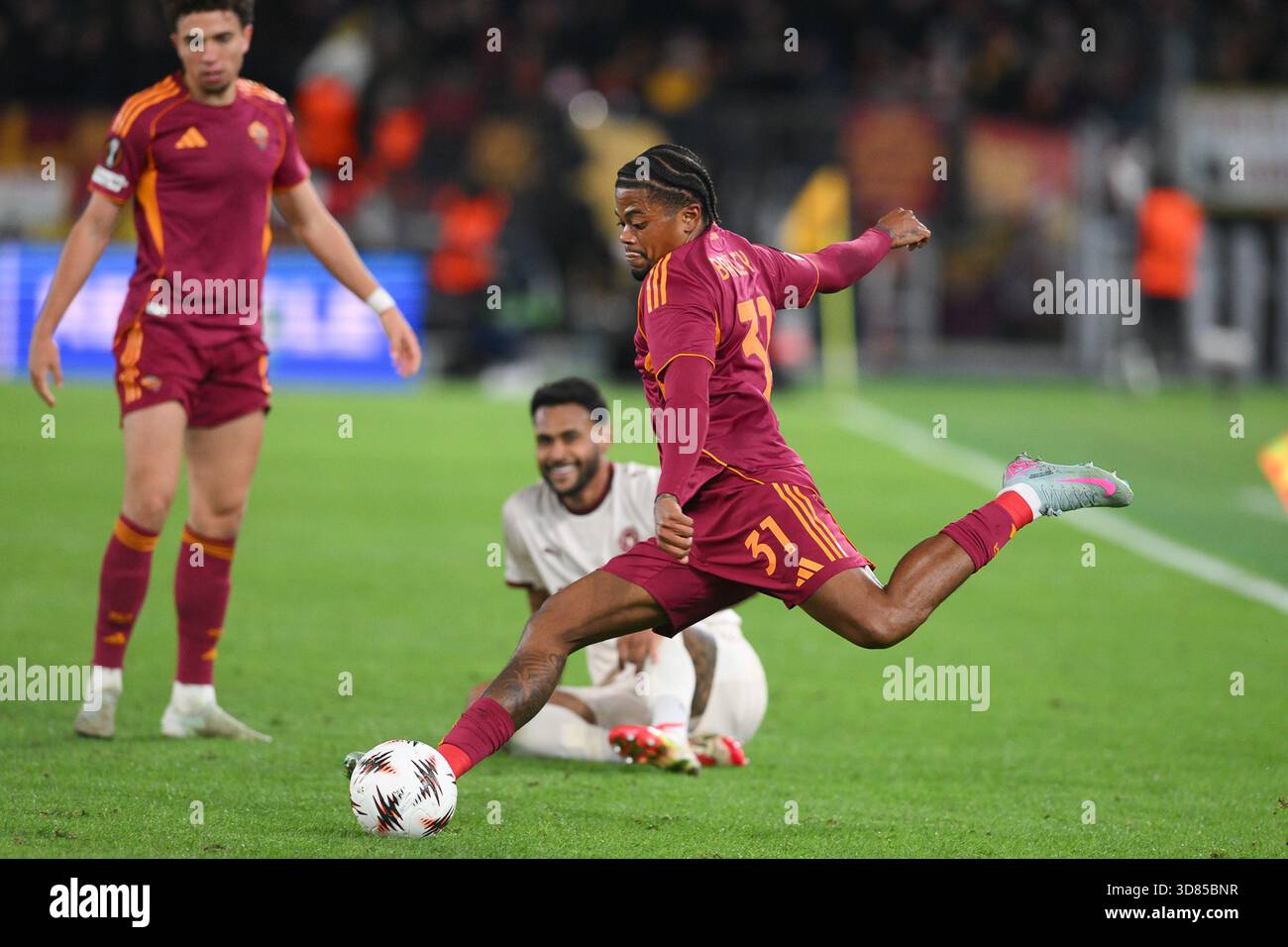 Olimpico Stadium, Rome, Italy - Leon Bailey of AS Roma takes a long ...