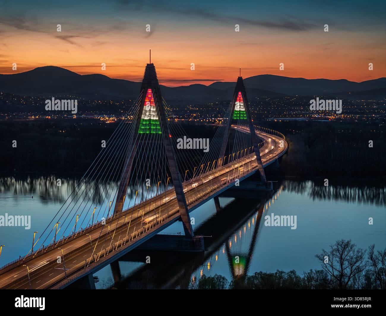 Budapest, Hungary - Aerial view of Megyeri Bridge illuminated in ...