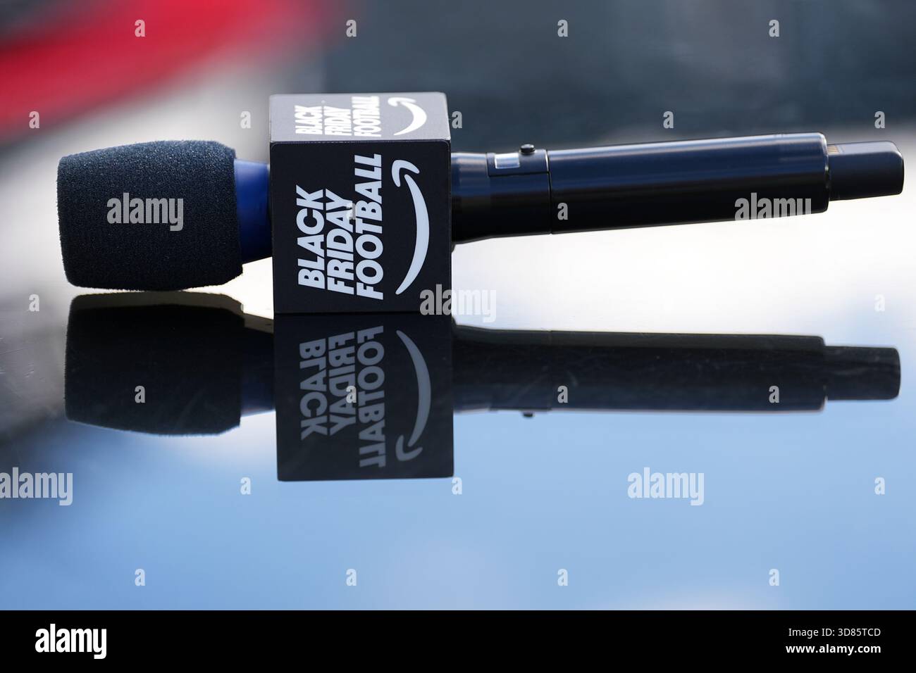 A microphone flag reads "Black Friday Football" before an NFL football ...