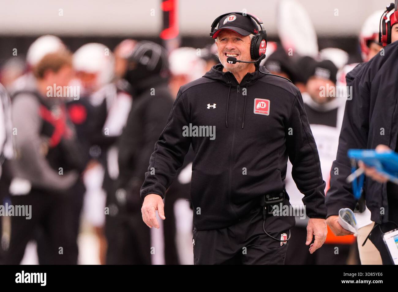 Utah head coach Kyle Whittingham watches during the first half of an ...