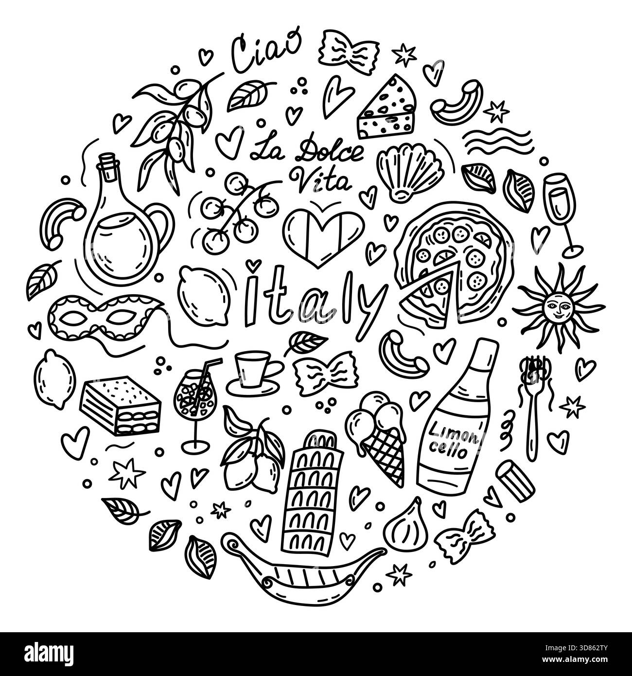 Set with Italian attributes. Individual elements of romantic Italy ...