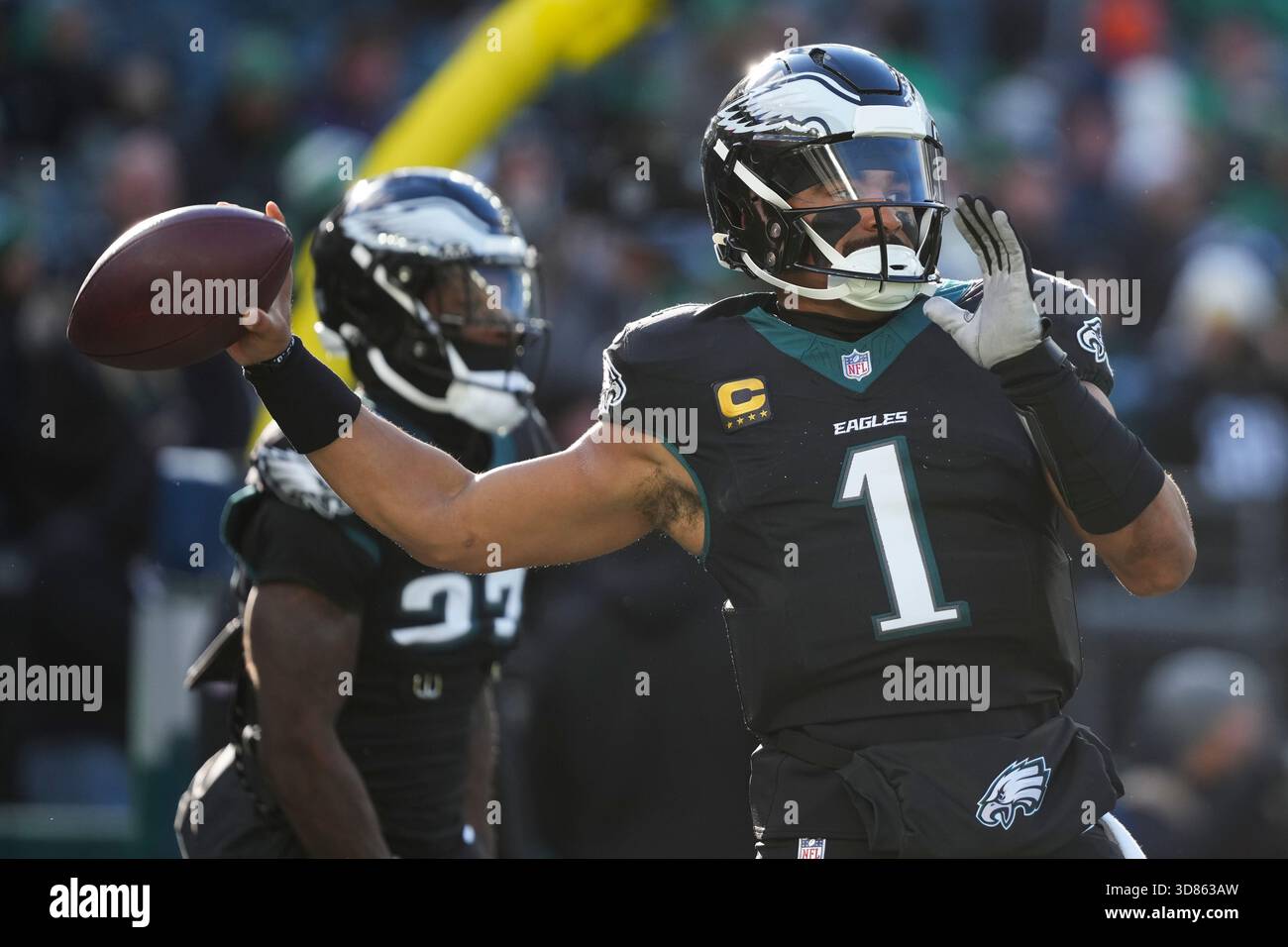 Philadelphia Eagles quarterback Jalen Hurts (1) warms up before an NFL ...