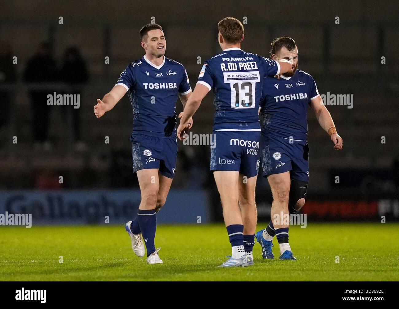Sale Sharks' Luke James (left) celebrates his try with team-mate Rob du ...