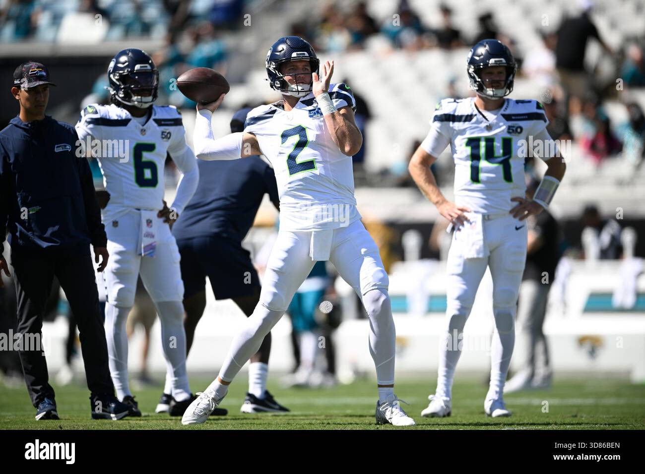 Seattle Seahawks quarterback Drew Lock (2) warms up before an NFL ...