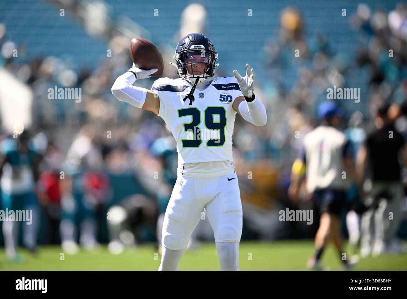 Seattle Seahawks safety Ty Okada (39) warms up before an NFL football ...