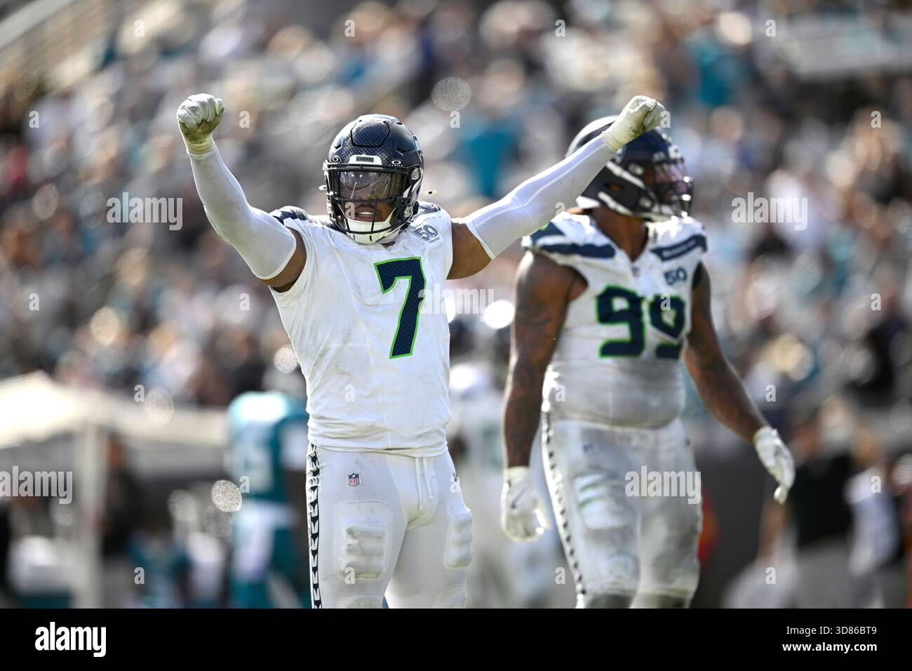 Seattle Seahawks linebacker Uchenna Nwosu (7) reacts after helping sack ...