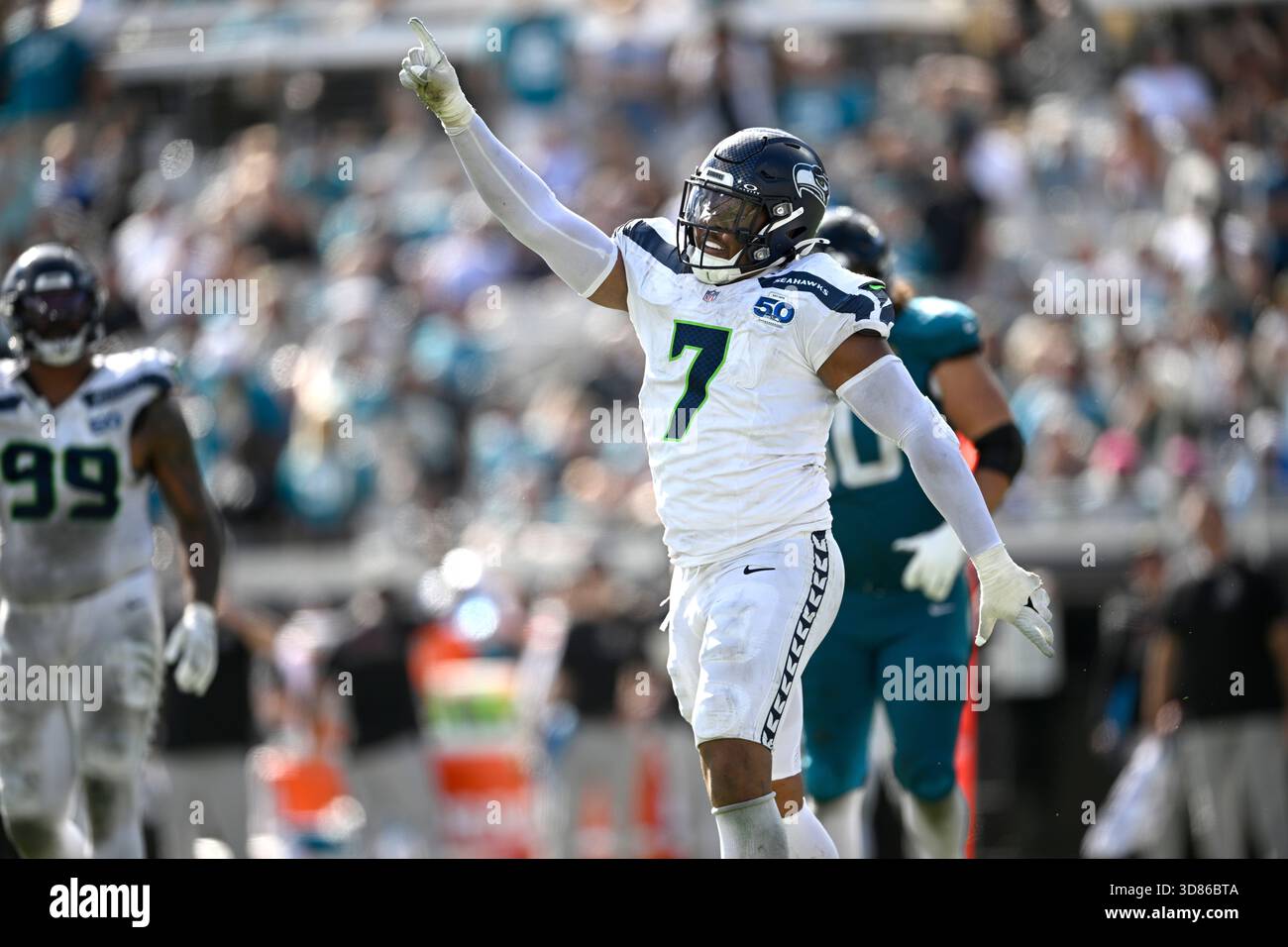Seattle Seahawks linebacker Uchenna Nwosu (7) reacts after helping sack ...