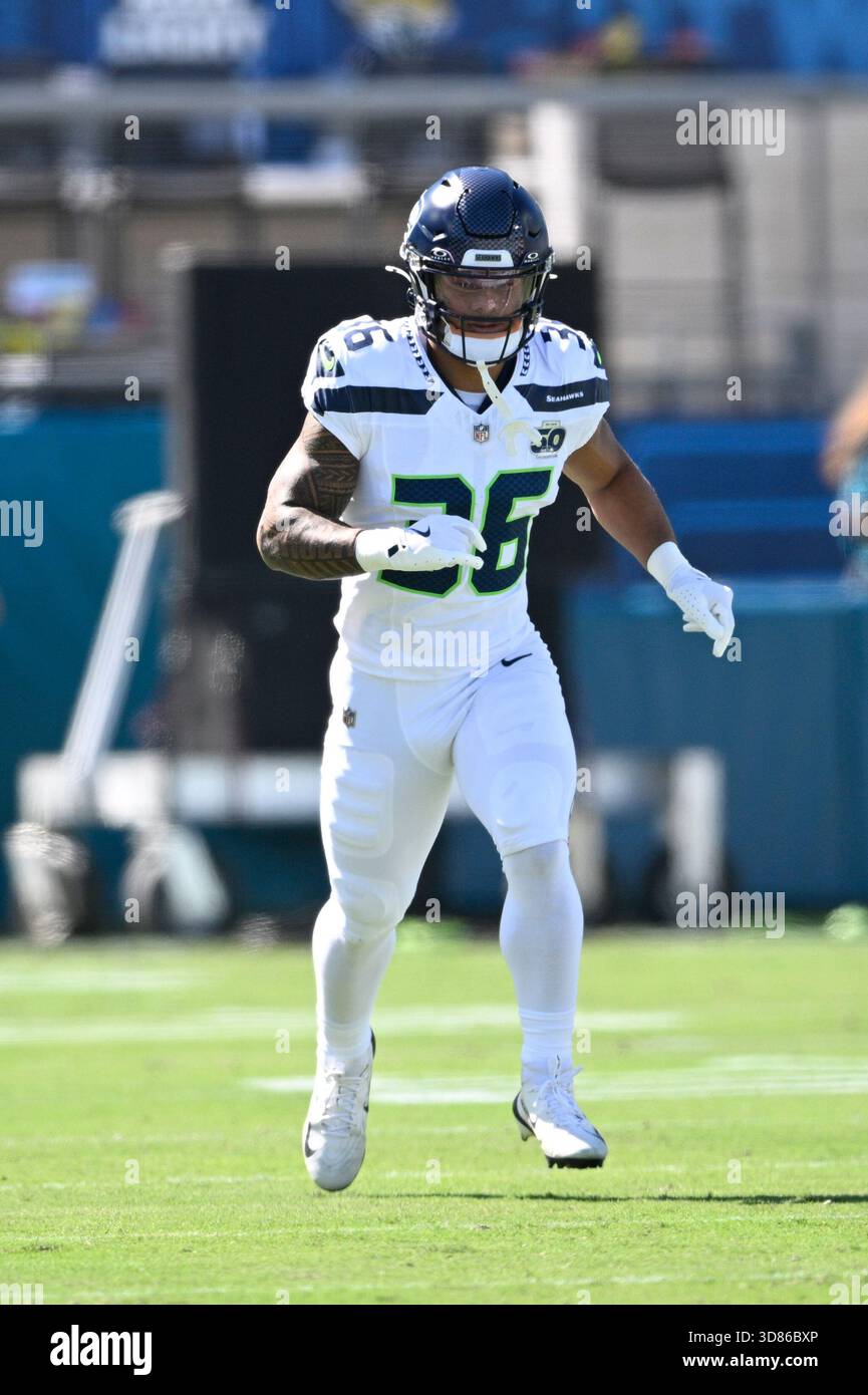 Seattle Seahawks running back George Holani (36) warms up before an NFL ...