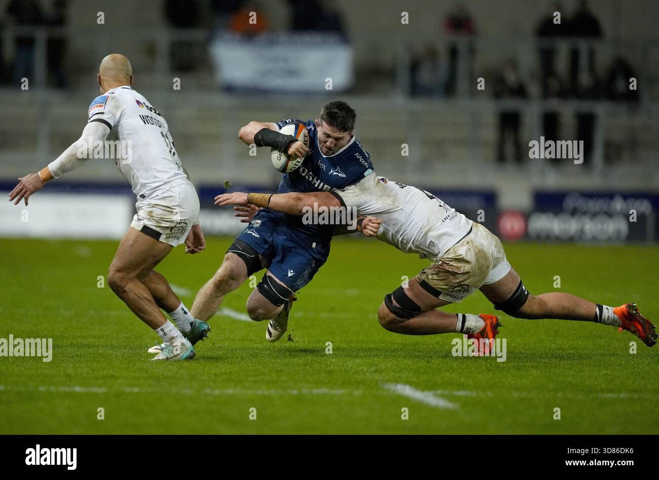 Sale Sharks' Tom Curry is tackled by Exeter Chiefs' Dafydd Jenkins ...